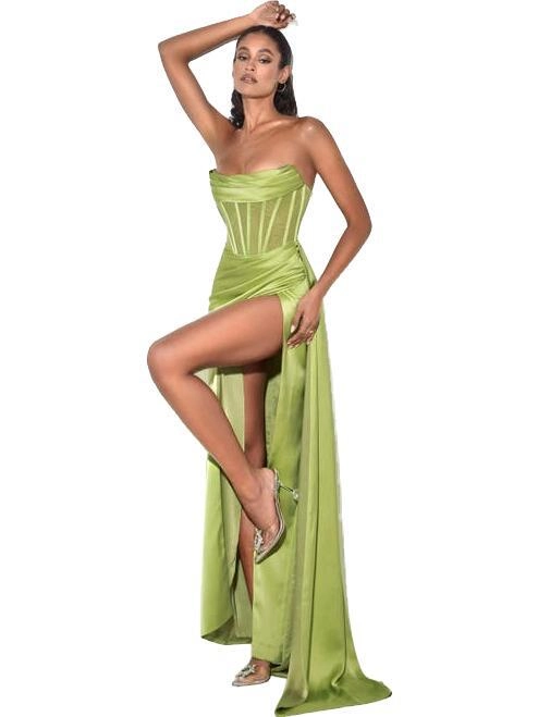 MISS CIRCLE NEW YORK Prisa High Slit Draping Corset Gown - Lime