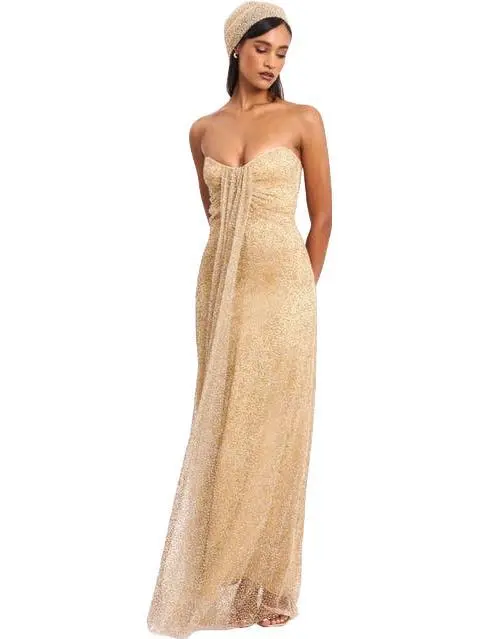 MISS CIRCLE Ada Rhinestone Embellished Strapless Gown With Head Scarf - Yellow