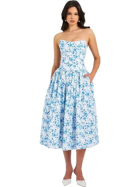 MISS CIRCLE Paloma Linen Corset Draping Top Midi Dress - Blue Print