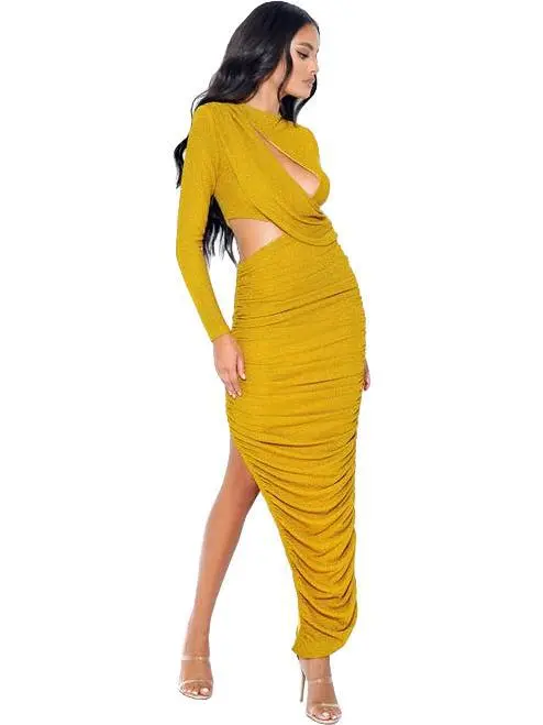 MISS CIRCLE Long Sleeve Metallic Jersey Cutout Dress - Metallic Gold