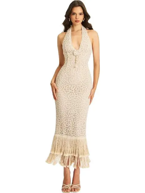 MISS CIRCLE Faelyn Crochet Halter Maxi Dress With Fringe - Off-white
