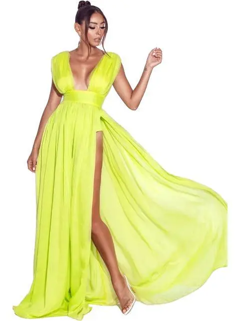 MISS CIRCLE Chiffon Pleated Maxi Dress - Lime