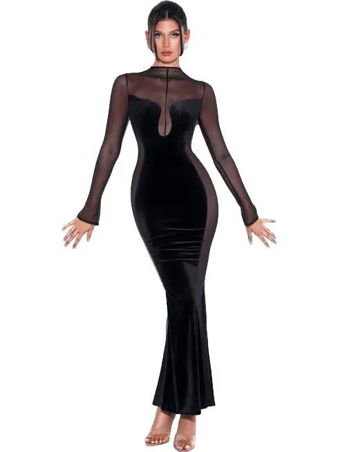 MISS CIRCLE Velvet Mesh Long Sleeve Gown - Black