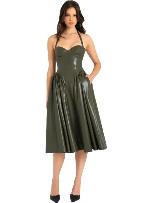 MISS CIRCLE Vegan Leather Halterneck Midi Dress - Olive Green