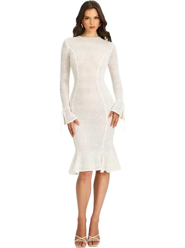 MISS CIRCLE Crochet Long Sleeve Midi Mermaid Dress - Off White