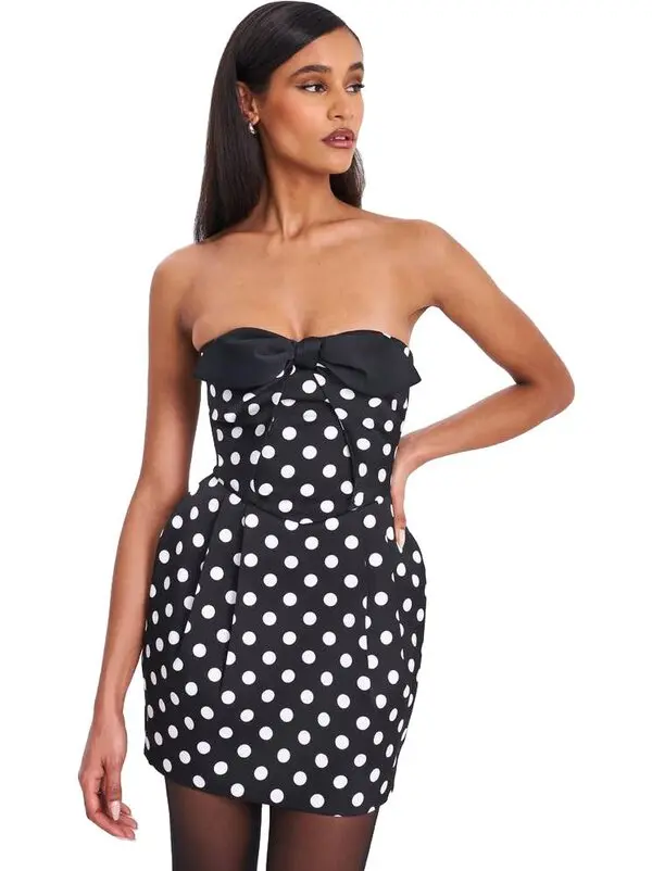 MISS CIRCLE Tahira Polka Dot Mini Dress With Bow - Black With Polka Dots