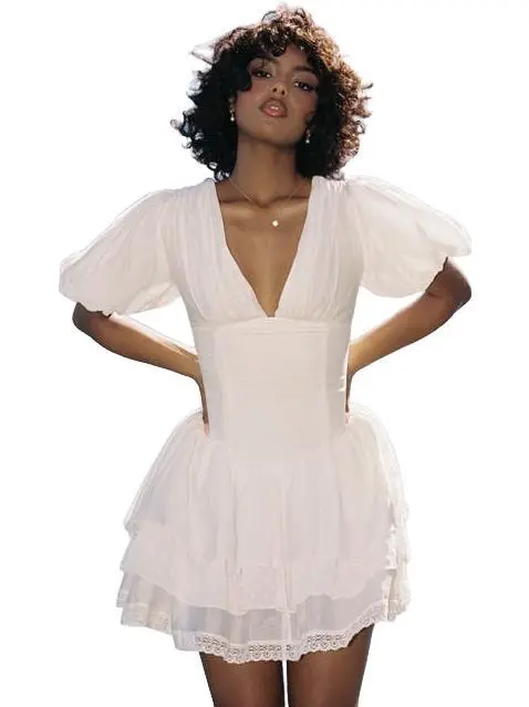 MISS CIRCLE Bubble Sleeve Layered Mini Corset Dress - White