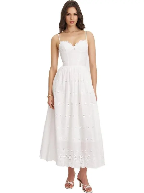 MISS CIRCLE Oberon Cotton Eyelet Lace-up Back Maxi Dress - White