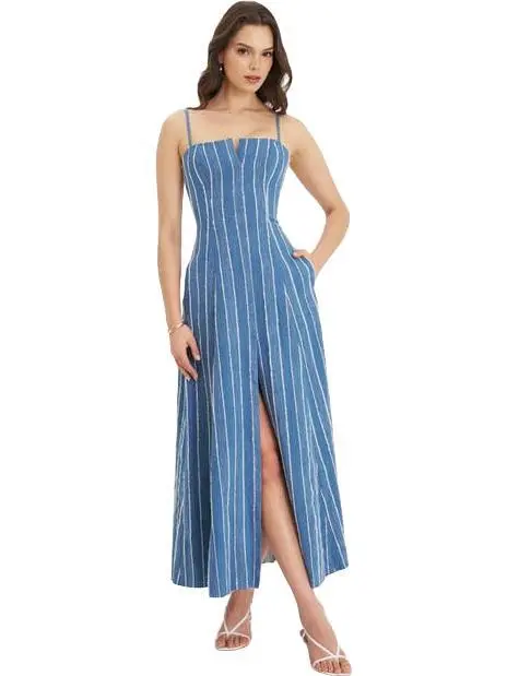 MISS CIRCLE Striped Denim Maxi Dress - Blue