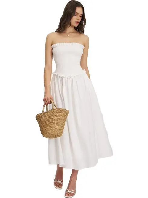 MISS CIRCLE Quadiya Smock Top Strapless Drop Waist Midi Dress - White