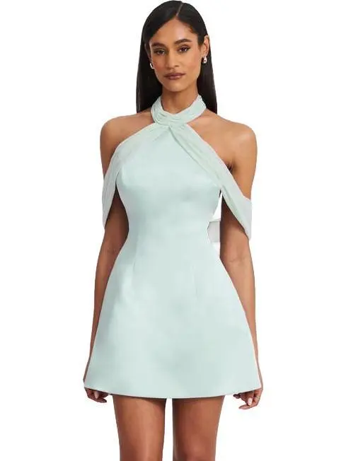 MISS CIRCLE Halter Off-shoulder Backless Mini Dress - Light Cyan