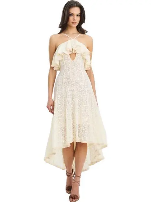 MISS CIRCLE Idra Lace Trim Sleeveless Crochet Midi Trailing Dress - Soft Beige Floral Crochet