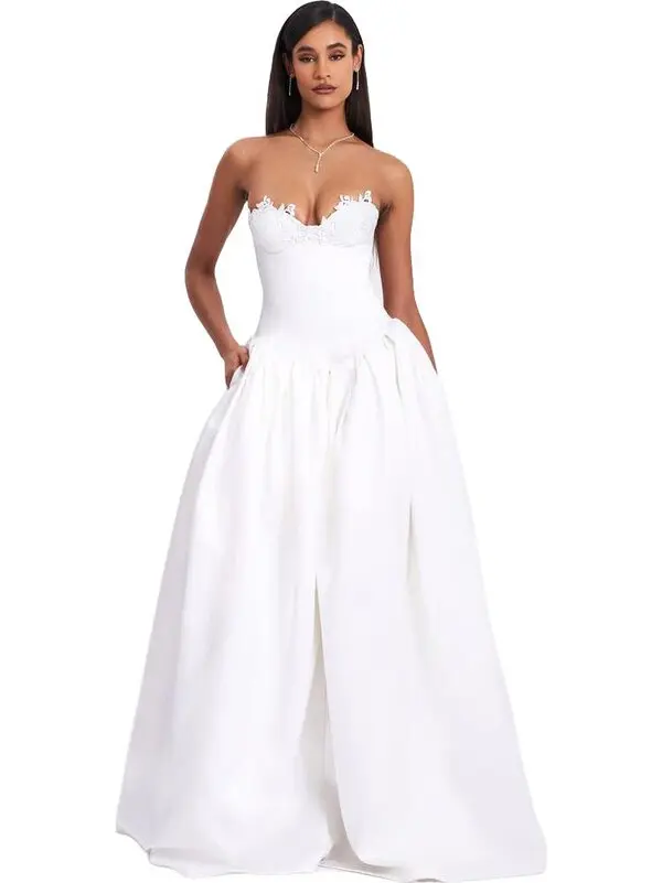 MISS CIRCLE Lace Trim Strapless Drop Waist Gown - White