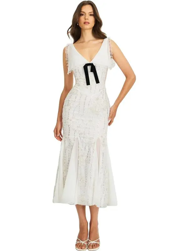MISS CIRCLE Peter Pan Collar Beaded Sequin Mermaid Midi Dress - White