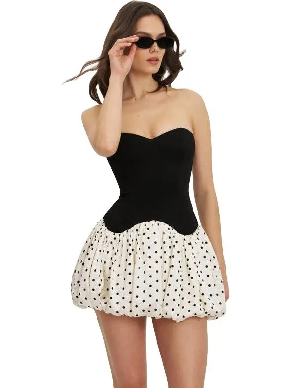 MISS CIRCLE Polka Dot Bubble Hem Corset Mini Dress - Black And Polka Dot