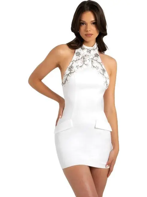 MISS CIRCLE Halter Neck Mini Dress With Crystal And Pearl Embellishments - White
