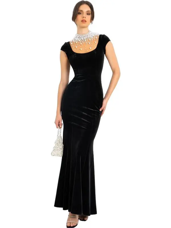 MISS CIRCLE Rachael Velvet Pearl Embellished Gown - Black