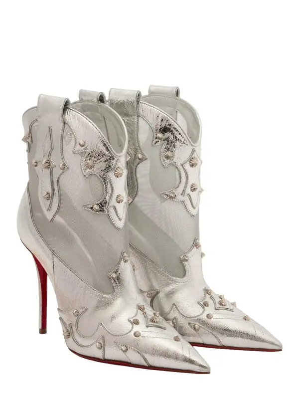 CHRISTIAN LOUBOUTIN Embellished Metallic Leather Ankle Boots - Silver