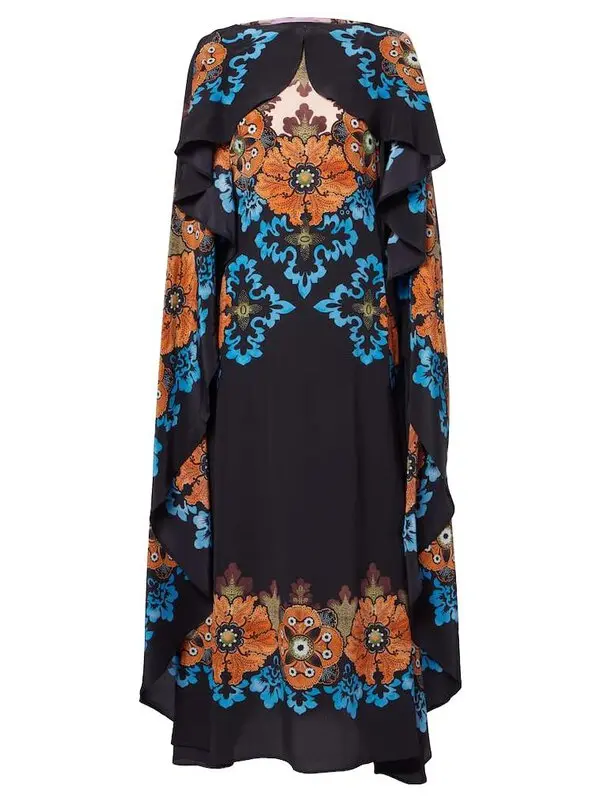 La DoubleJ Magic Caped Floral Silk Maxi Dress - Black