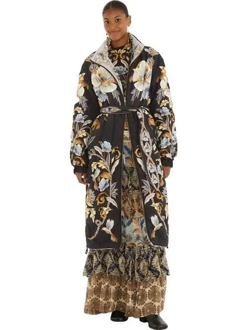 Farm Rio Printed Reversible Maxi Puffer Jacket - Snake Garden Black