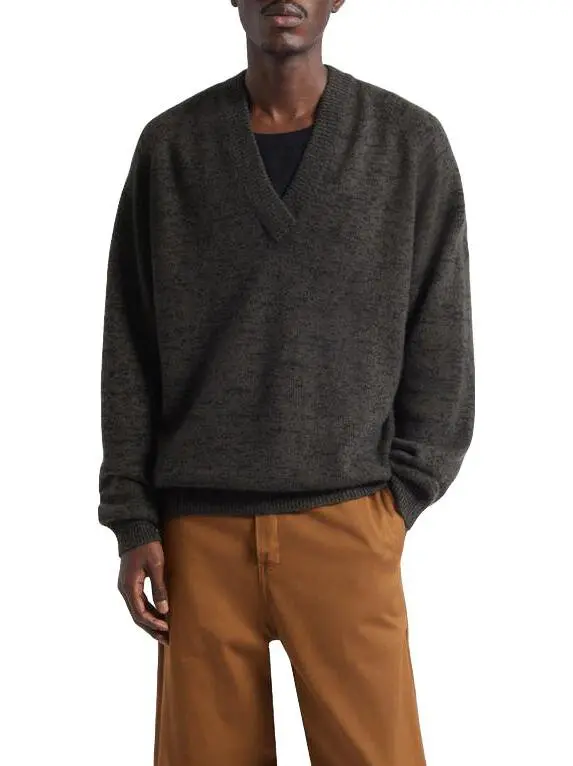 Frenckenberger Cashmere & Wool V-neck Sweater - Black Olive /black