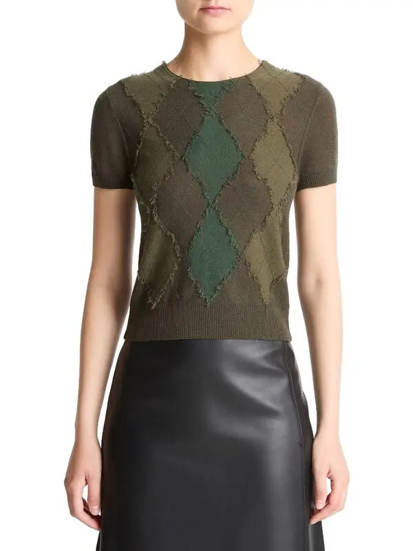 Vince Argyle Wool And Cashmere Short Sleeve Sweater - Herba/forest/verde