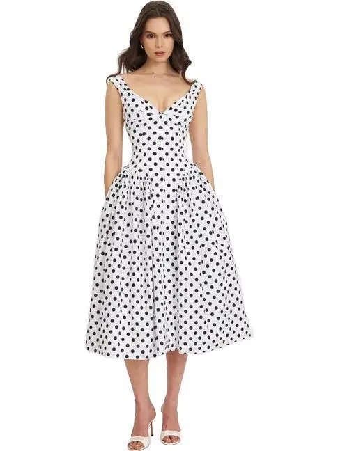 MISS CIRCLE Rahma Polka Dot Midi Dress - White With Polka Dot Print