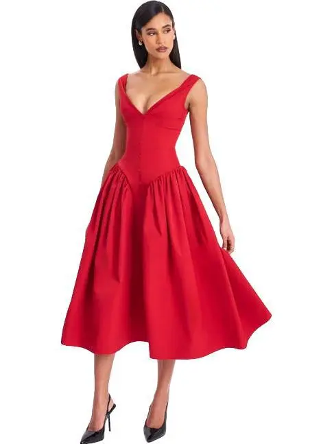 MISS CIRCLE Nahla Drop Waist Midi Dress - Red