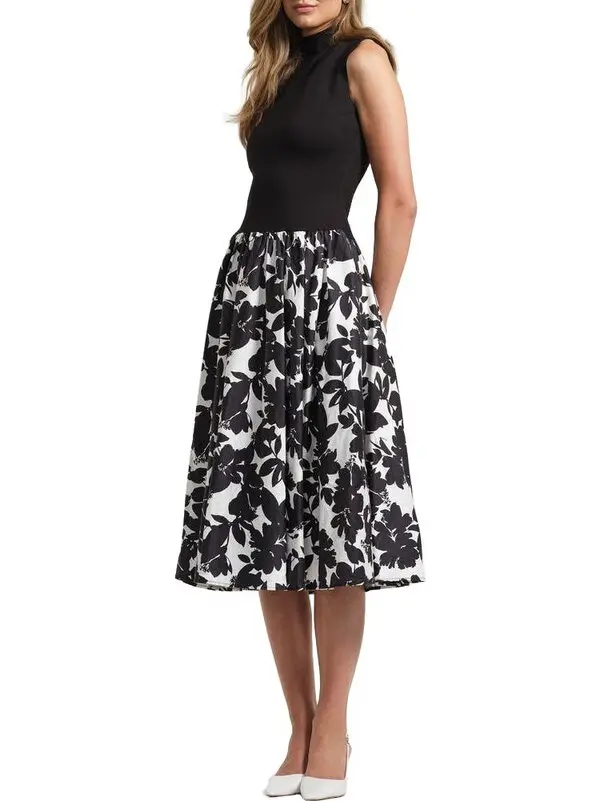 ISAAC MIZRAHI NEW YORK Sleeveless Ponte & Satin Midi Dress - Noir Floral