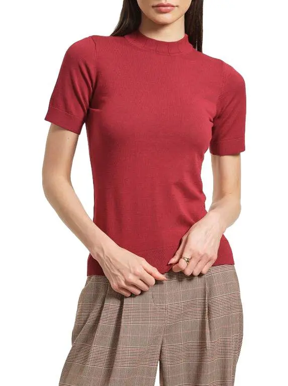 ISAAC MIZRAHI NEW YORK Mock Neck Pointelle Short Sleeve Sweater - Dark Cherry