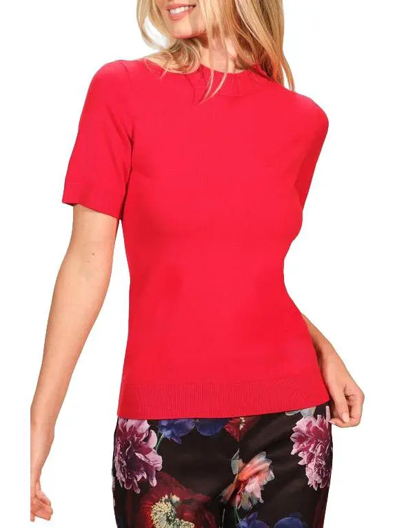 ISAAC MIZRAHI NEW YORK Mock Neck Pointelle Short Sleeve Sweater - Fiery Red