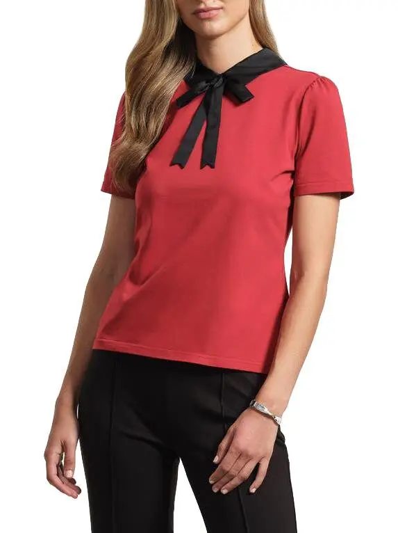 ISAAC MIZRAHI NEW YORK Satin Trim Peter Pan Collar T-shirt - Red/black