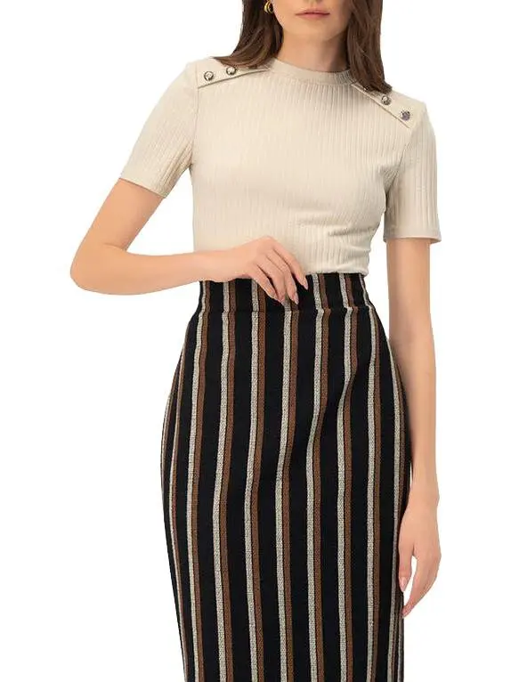 IVONNE Ribbed Knit Top With Button Details - Natural