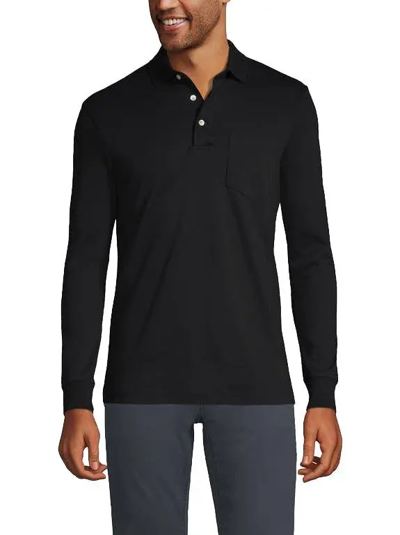 LANDS' END Long Sleeve Cotton Supima Polo Shirt With Pocket - Black