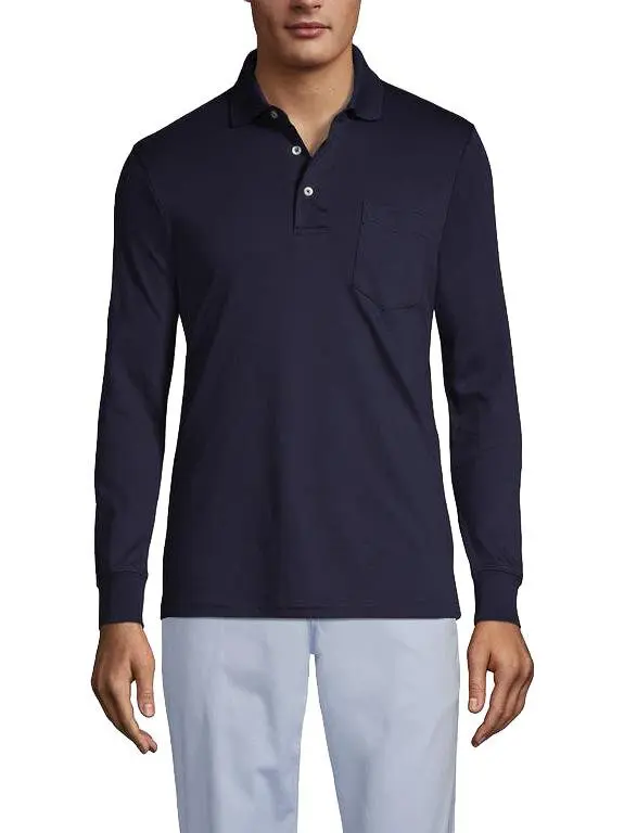 LANDS' END Long Sleeve Cotton Supima Polo Shirt With Pocket - Radiant Navy