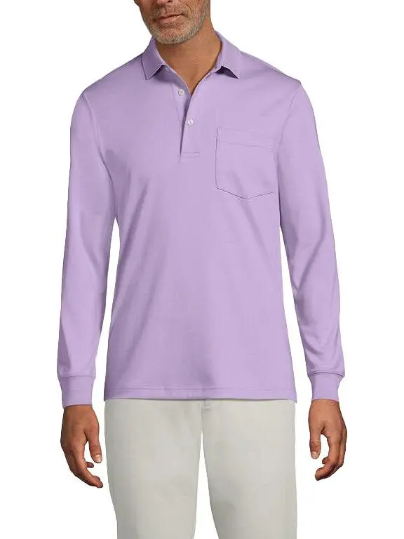 LANDS' END Long Sleeve Cotton Supima Polo Shirt With Pocket - Whisper Lilac