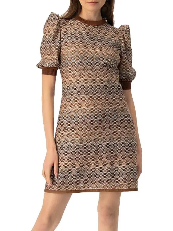 IVONNE Short Knitted Dress With Puffed Sleeves And Cardigan - Brown