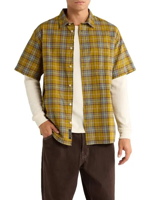 VANS Lawson Plaid Short Sleeve Cotton & Linen Button-up Shirt - Burnt Gold/stormy Weather
