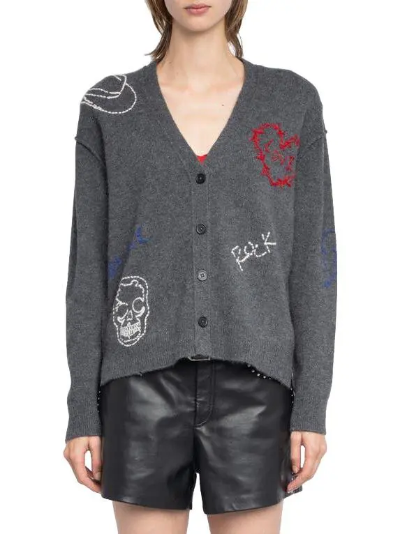 Zadig&Voltaire Mirkaz West Graph Embroidered Cashmere Cardigan - Anthracite