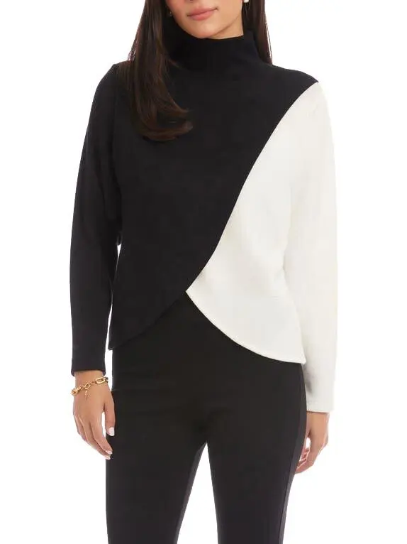 Karen Kane Colorblock Turtleneck Crossover Hem Knit Top - Black/ivory