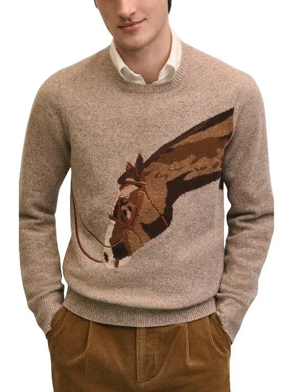 Brooks Brothers Wool Crewneck Sweater - Neutral Horse Intarsia
