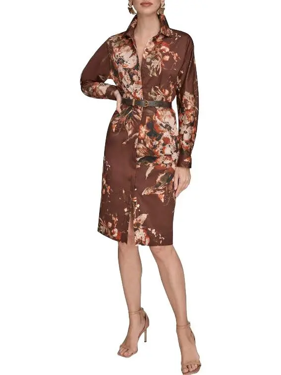 Donna Karan New York Floral Long-sleeve Belted Shirtdress - Oxblood Multi
