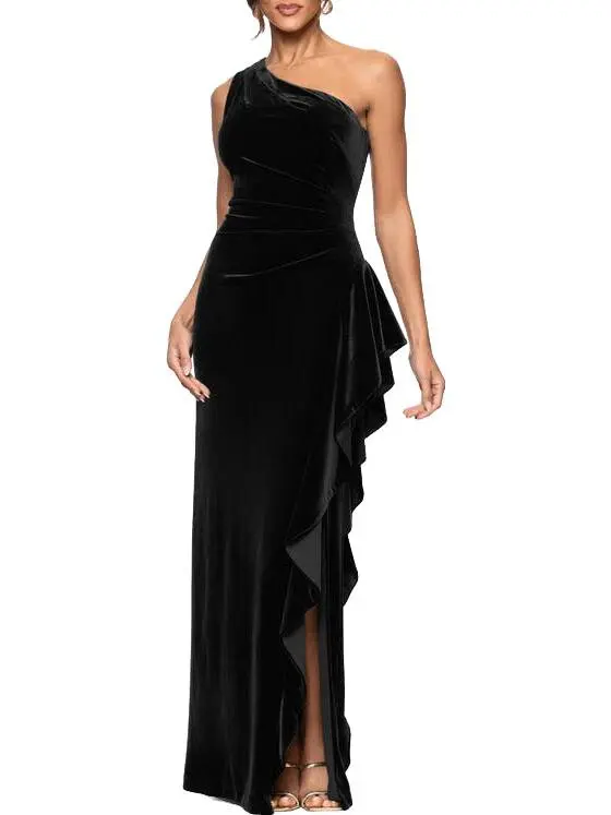 XSCAPE EVENINGS One-shoulder Ruffle Stretch Velvet Gown - Black