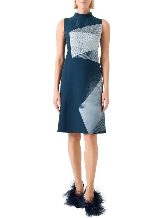 Akris Zigzag Print Silk Sheath Dress - Denim-ecru