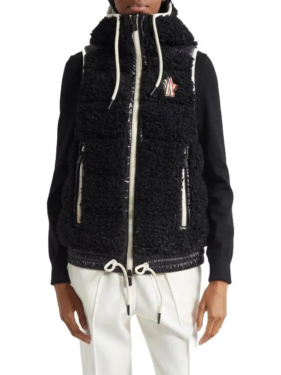 Moncler Faux Shearling Hooded Down Vest - Black
