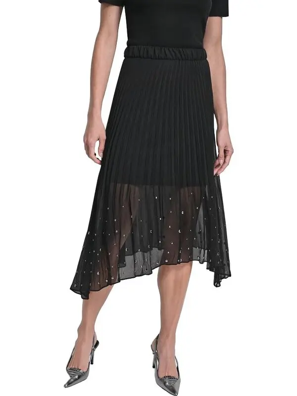 Dkny Studded Pleated Chiffon Midi Skirt - Black