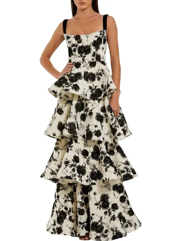 Mac Duggal Floral Boucle Tiered Ruffle Gown - Black Ivory