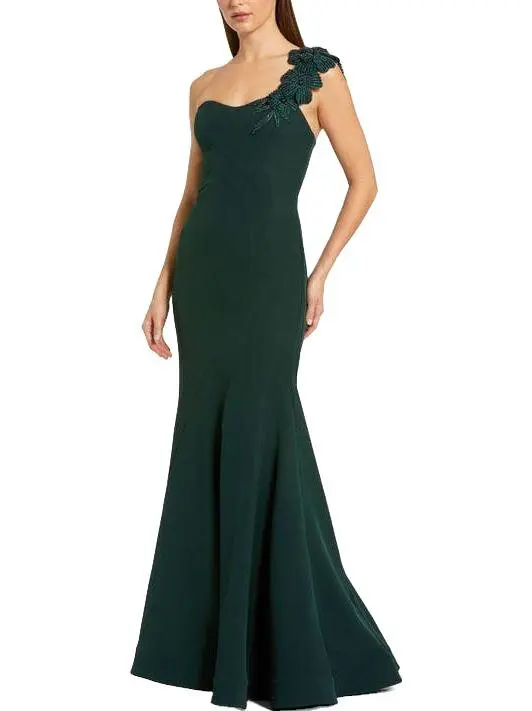Mac Duggal Crepe One-shoulder Beaded Flower Mermaid Gown - Deep Green
