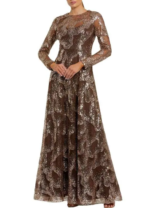 Mac Duggal Embellished Mesh Long Sleeve High Neck Gown - Bronze
