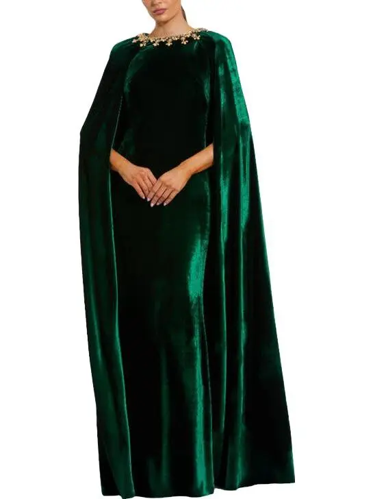 Mac Duggal Embellished Neckline Velvet Cape Gown - Deep Green
